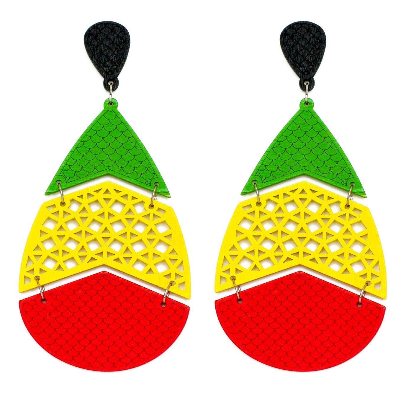 Large Wooden Rasta Reggae Red Green and Yellow Dangle Earrings for Women