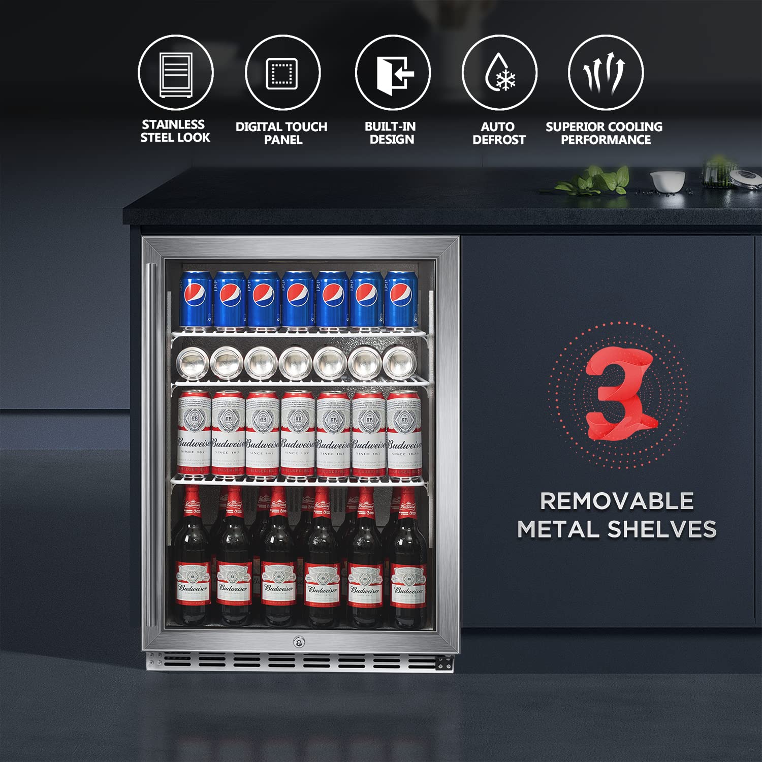 ICEJUNGLE 24 '' Beverage Refrigerator Cooler, 160 Cans Outdoor Refrigerator,Built-in or Freestanding Under Counter Beverage Beer Fridge for Kitchen,Home use and Office