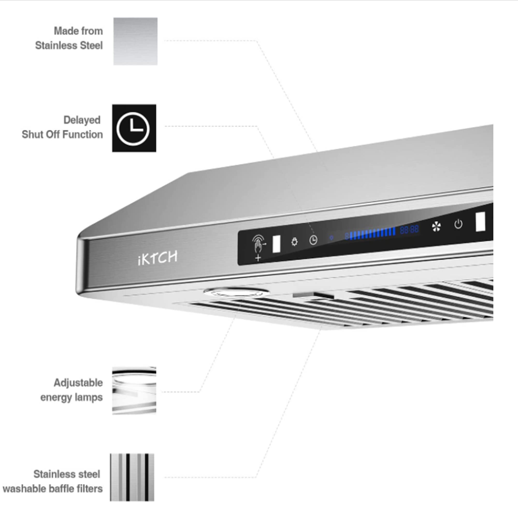 IKTCH 30 inch Under Cabinet Range Hood, 900 CFM Range Hood with 4 Speed Gesture Sensing&Touch Control Panel, Stainless Steel Range Hood 30 inch with 2 Pcs Baffle Filters