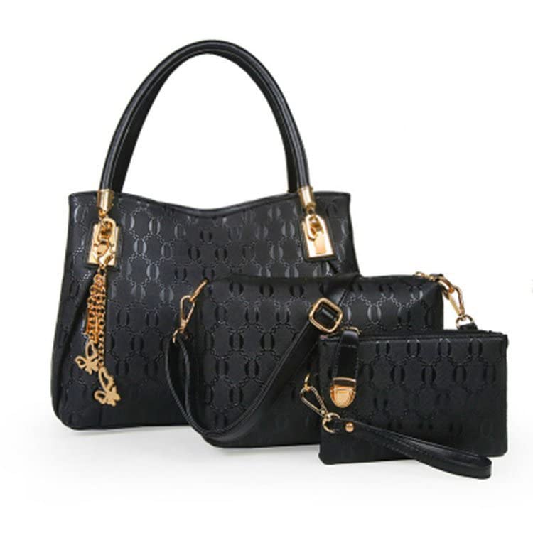 Luxury 2022 Leather Top Handle Bag Wallets Key Female Women Set 3 Black New, BlackWith3pieces