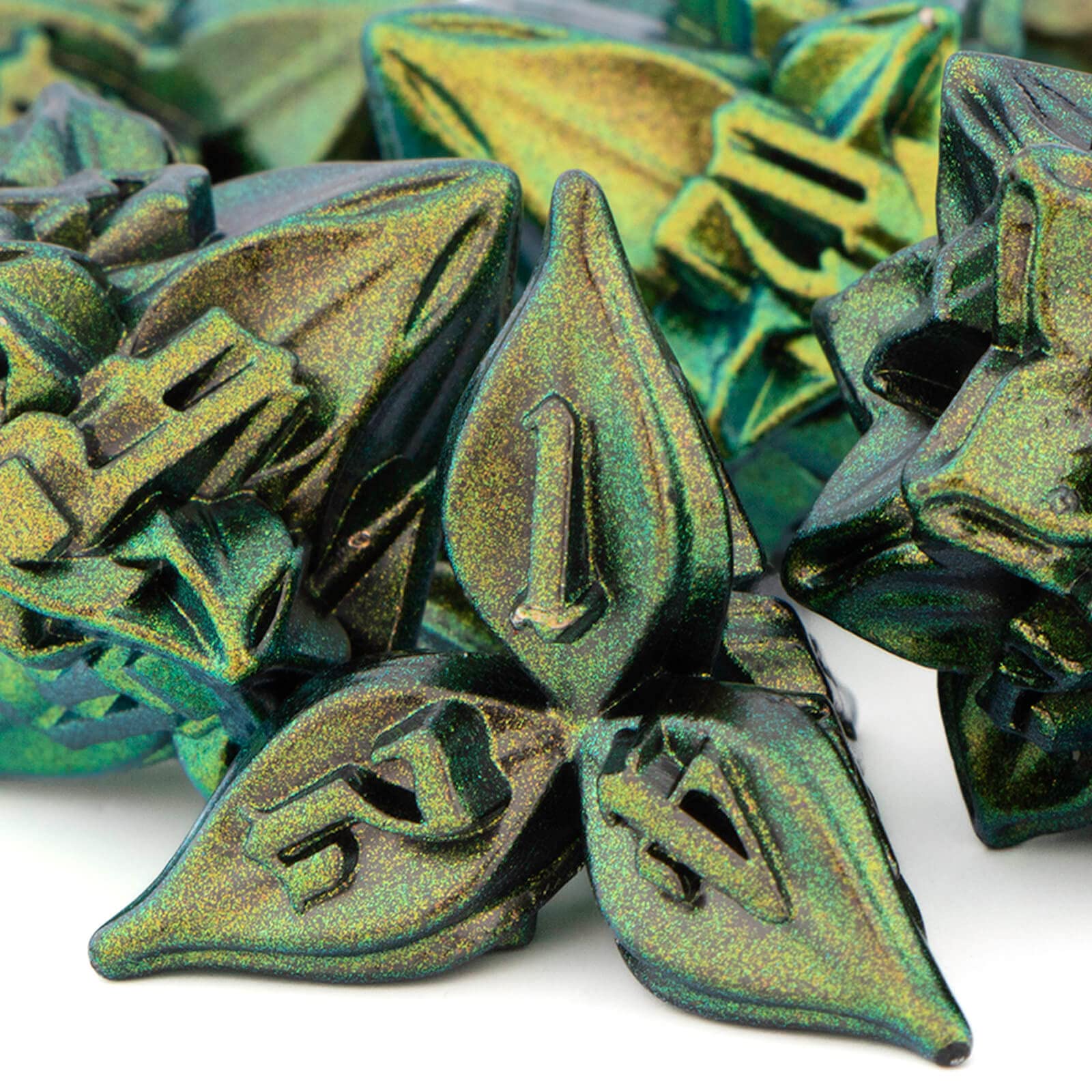 OUKELANWO DND Dice Set, Leaf RPG Role Playing Dice with Box, Dungeons and Dragons Dice Set D&D, Green Purple Metal Polyhedral D and D Dice D20 D12 D10 D8 D6 D4