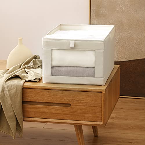 LaMorée Fabric Storage Bin Box Rectangular Cotton Linen Storage Basket Cube with Thick PP Board Clear Mesh Window Foldable Decorative Nursery Home Office Organizer Container – Beige, Large