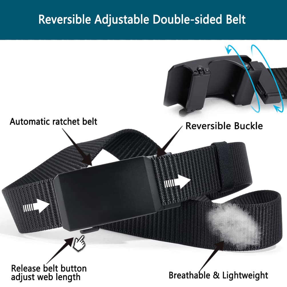 LionVII Ratchet Belts Men, Double-sided Belt with Rotatable Buckle, Reversible Web Breathable Fabric Adjustable belt[53" L x 1.5" W](Black and Gray)