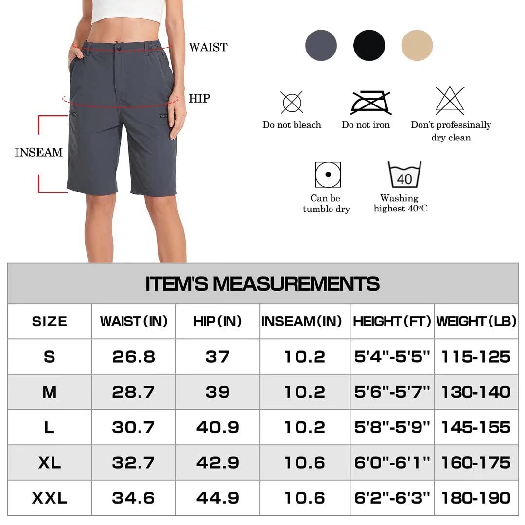 MONSTER VALLEY Women's Hiking Cargo Shorts 10" Lightweight Quick Dry Summer Bermuda Golf Shorts Outdoor Travel Water Resistant, Grey, Large