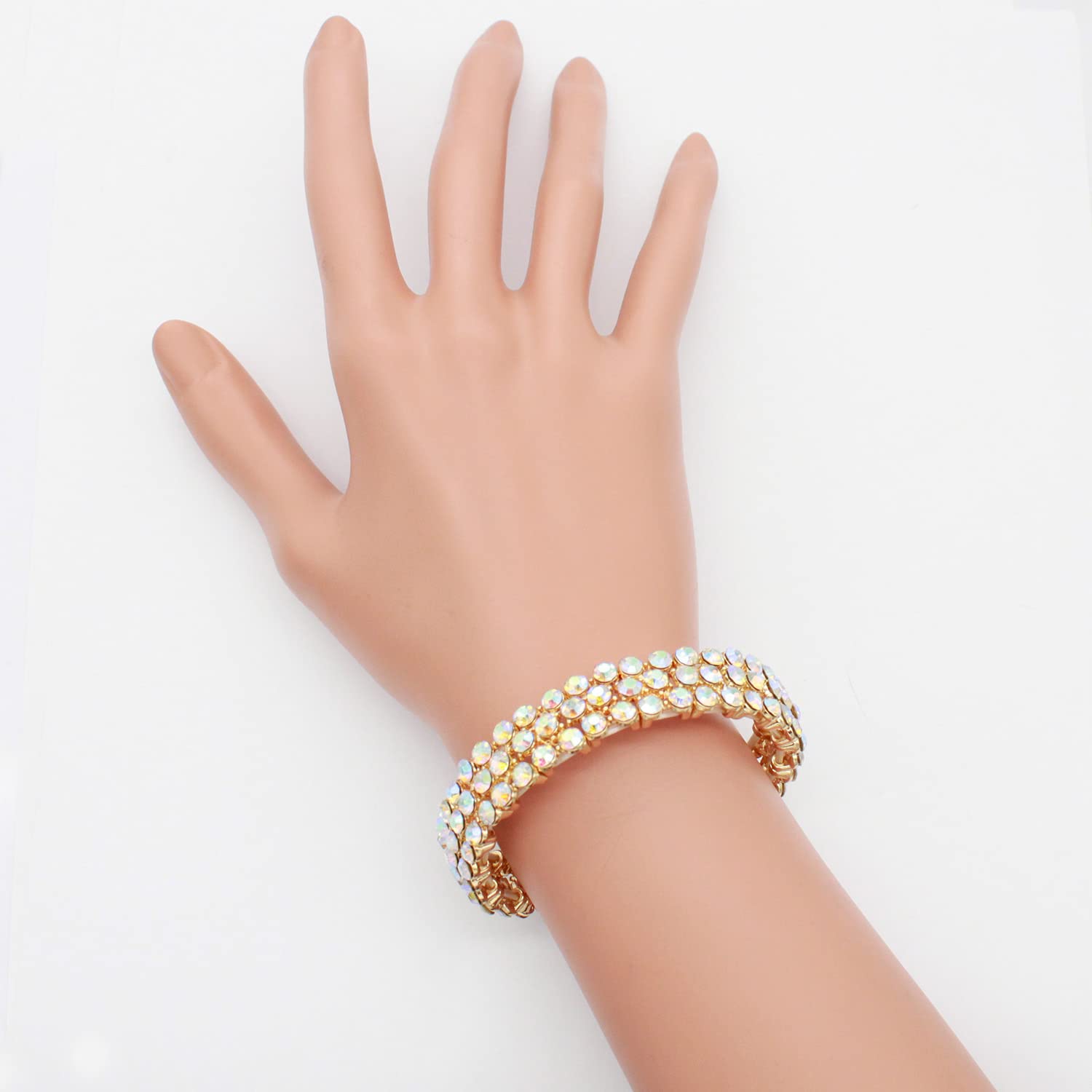 Lavencious Round Shape Rhinestones Thin 3 Rows Elastic Stretch Bracelet Party Jewelry for Women 7"(Black)