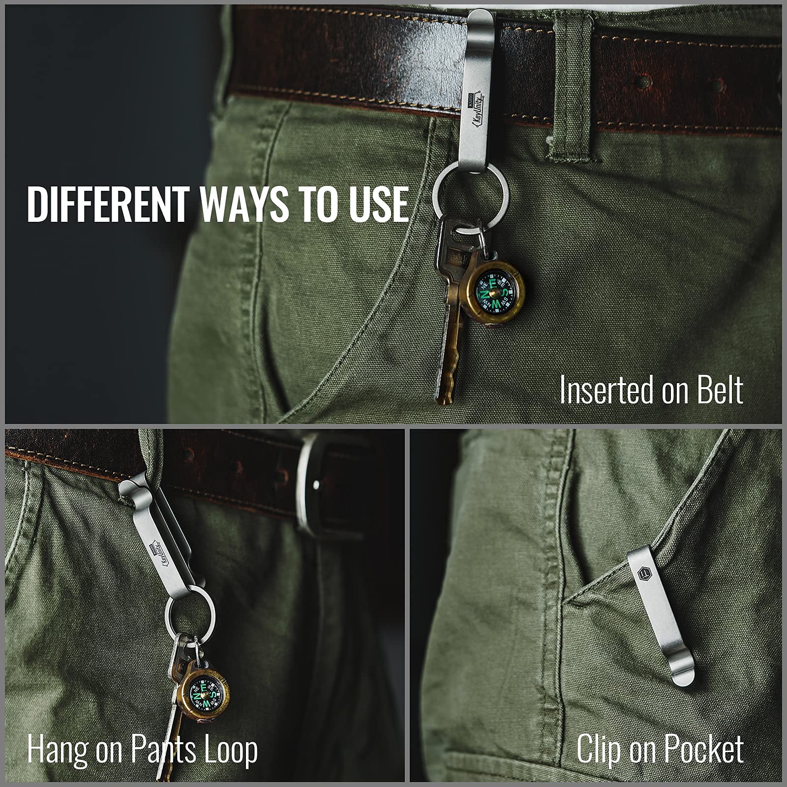 KeyUnity KM00 Titanium Belt Loop Keychain Clip Double Side Quick Release Key Holder with Detachable Key Ring (Stonewashed)
