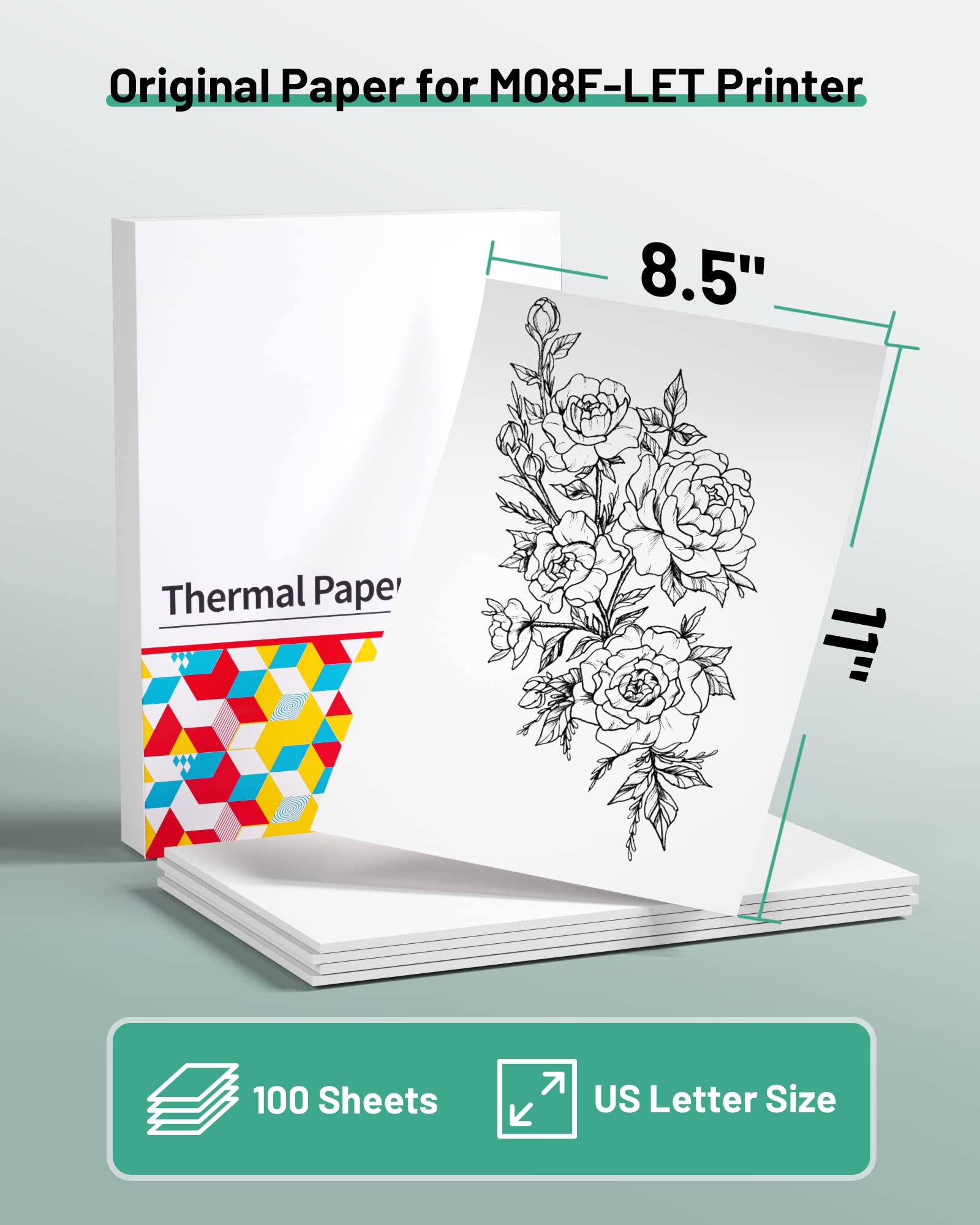 Itari US Letter Thermal Paper for M08F-Letter Portable Printer, Multipurpose Thermal Paper for Picture, Homework, Contract, 8.5" x 11" Size, 100 Sheets