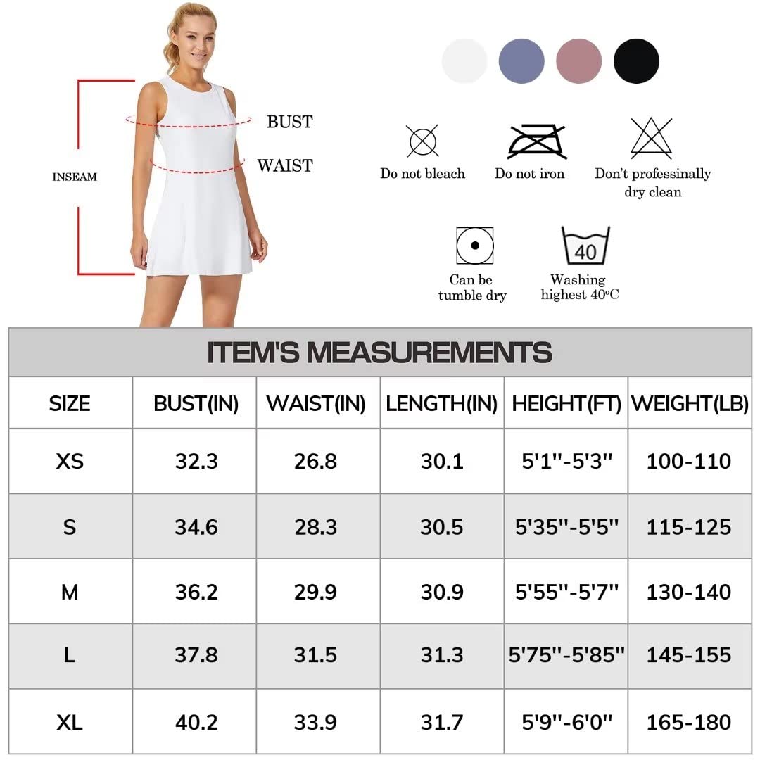 MONSTER VALLEY Women Exercise Workout Dresses Athletic Dress Sleeveless Built-in with Shorts Pockets Golf Tennis Dresses, White, Large