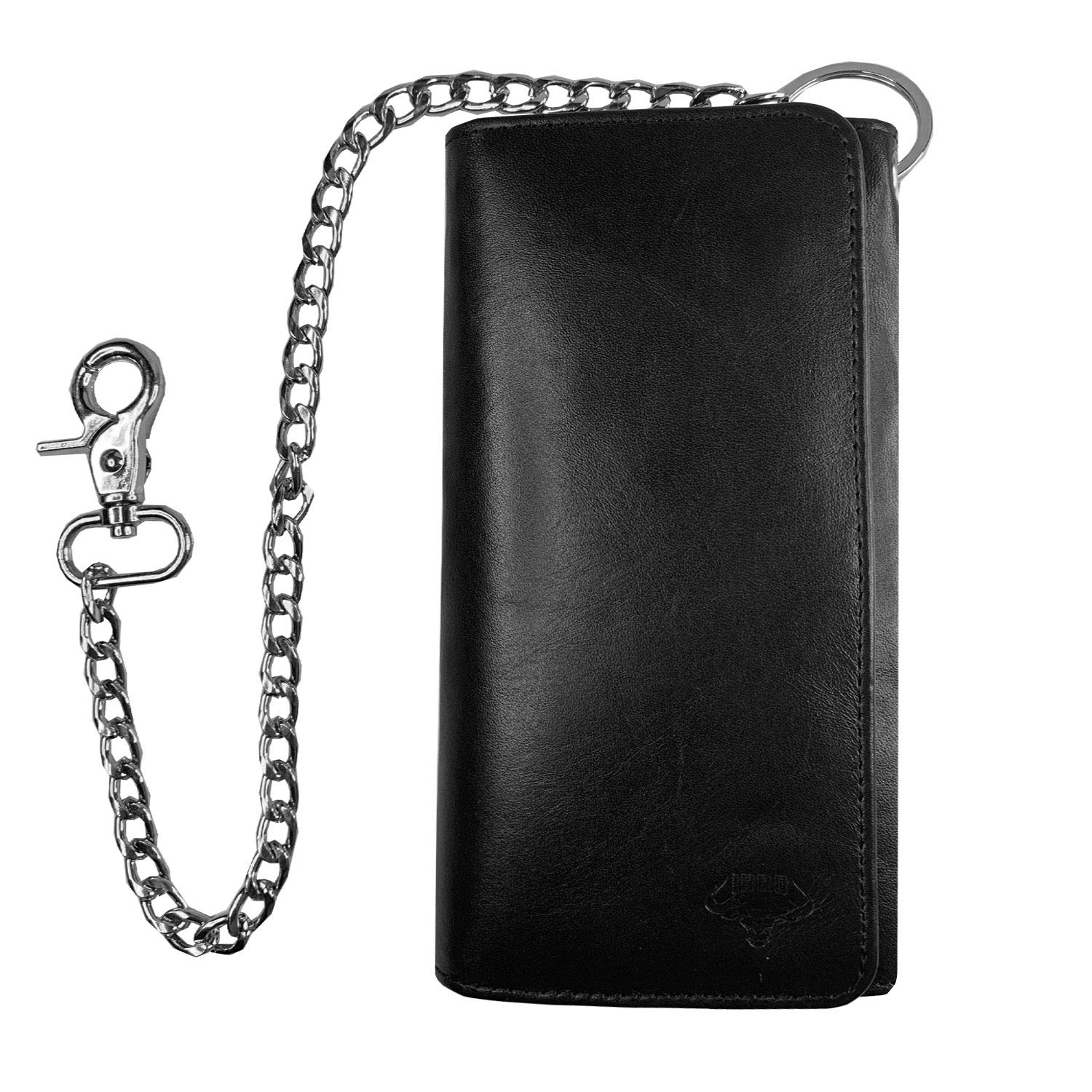 IBRO Motorcycle Chain Wallet for Men – 100% Natural Genuine Leather, Long Trifold RFID Blocking, Credit Card Money Organizer - Men’s Trucker Biker Metal Chain Wallets Black
