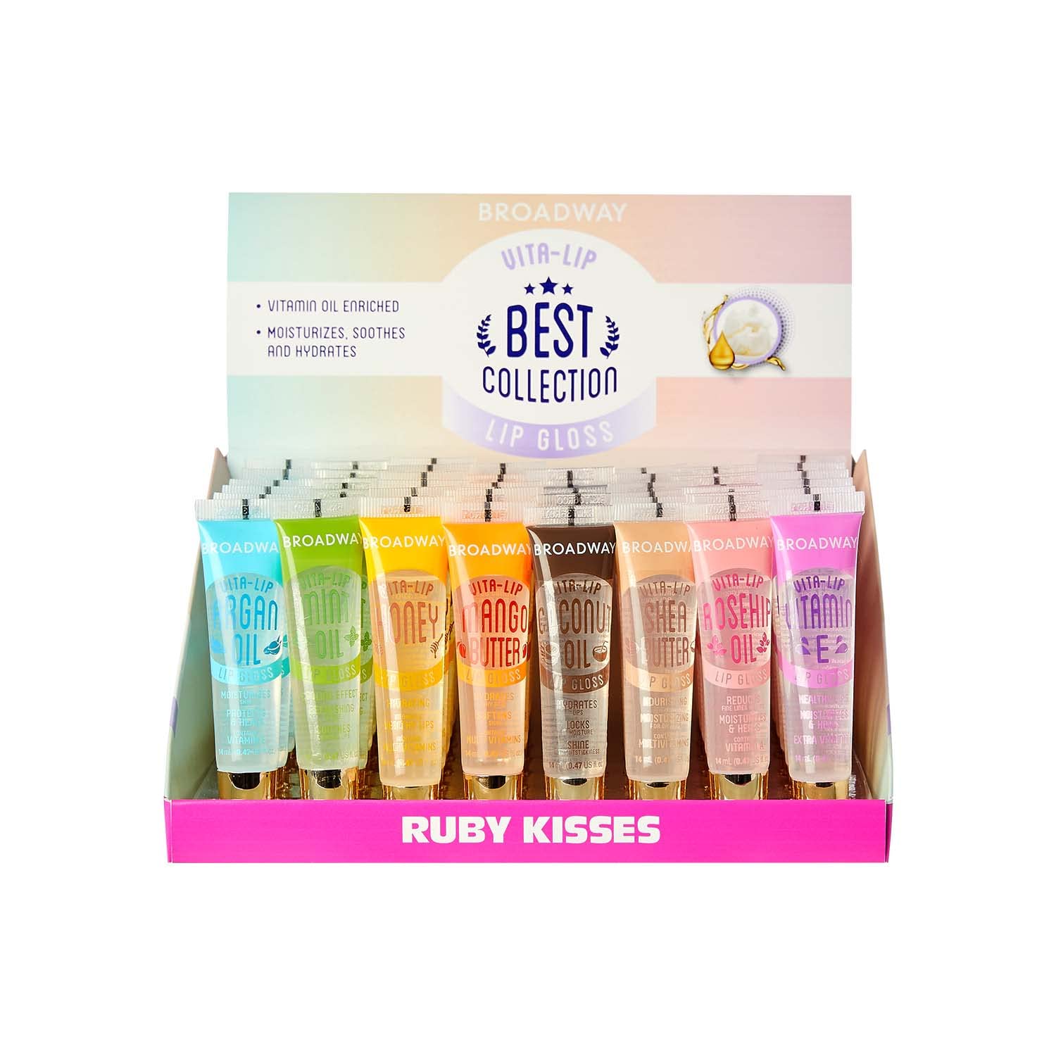 KISS Broadway Broadway Vita-Lip Clear Gloss Variety Box, Ultra-Hydrating & Soothing Formula with Vitamin Oils, Lustrous Non-Sticky Finish, Multipack of 48 Nutrient-Rich Glosses