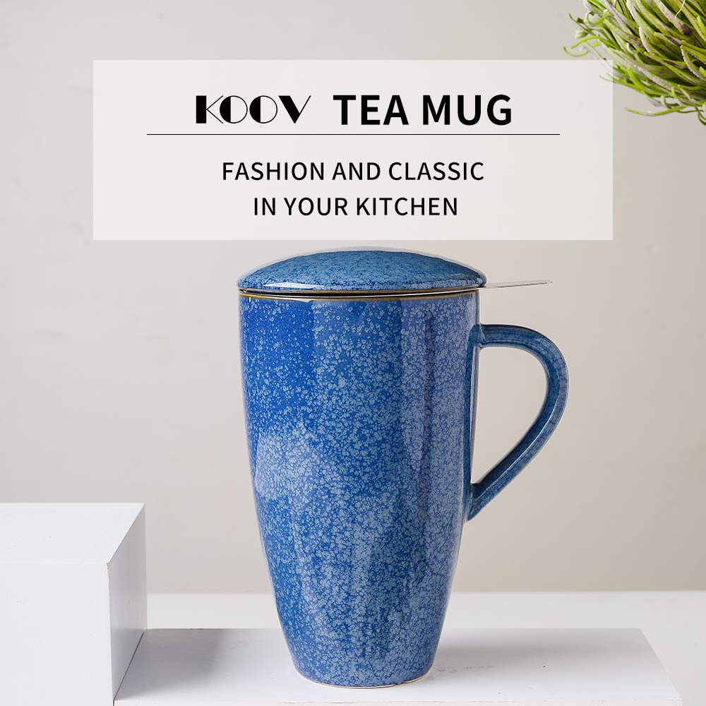 KOOV Porcelain Hot Tea Cup with Infuser and Lid, 18 OZ Tea Mug with Lid, Tea Infuser Mug, Tea Steeper for Loose Tea Mug, Steeping Tea Cup (Reactive Blue)