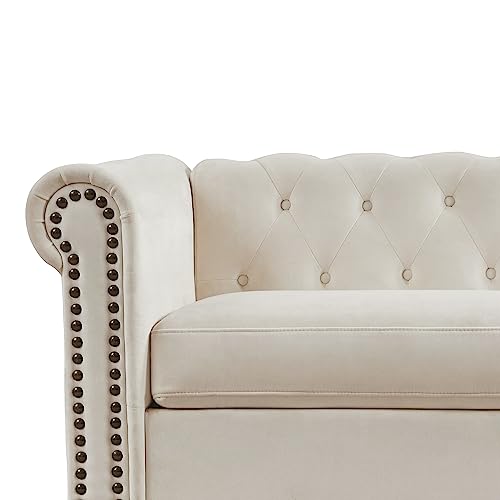 HMFULE 80.31'' Classic Traditional Loveseat Sofa 3 Seat Tufted Upholstered Couch with High-tech Fabric Nailhead Scrolled Arms for Living Room Apartment Office (White1)