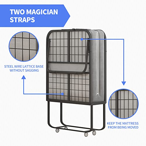 ZAFLY Folding Bed with 4 Inch Mattress,Rollaway Folding Guest Bed Fold Up Bed with Lockable Wheels,Space Saving Foldable Bed Portable Bed,Rollaway Bed with Folding Mattress for Adults,75 x 31 Inch