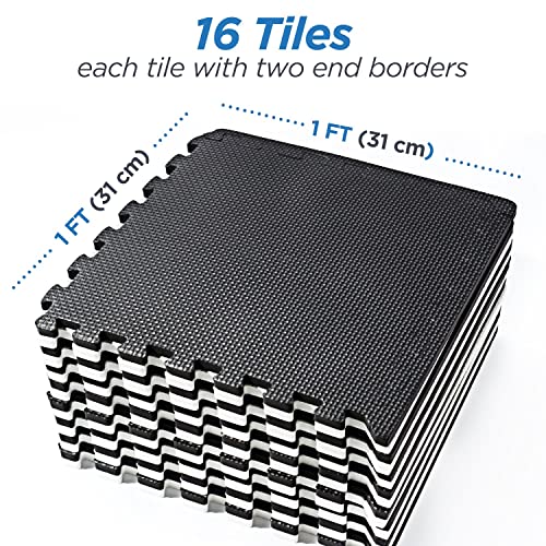 Interlocking Floor Tiles, EVA Foam Puzzle Mat with Borders - Black and White, 16 SQ. FT (16 Tiles) (Black & White)