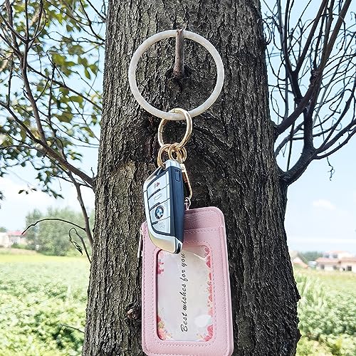 Junyuerly Wristlet Keychain Bracelet for Women Bangle Key Rings Acetate Round Key Chain with Clip (gold-pearl white)