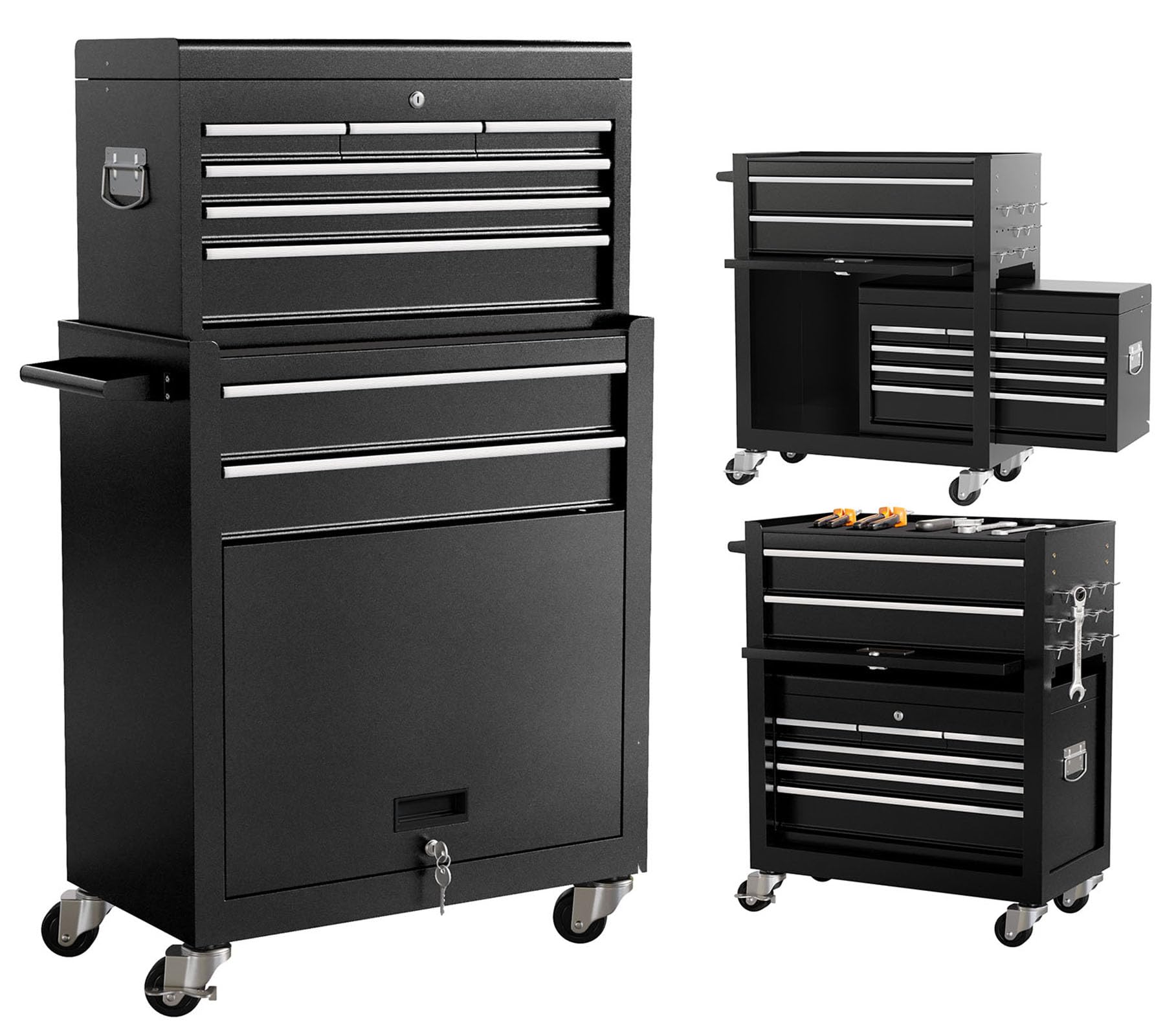 K KELBEL 8 Drawer Rolling Tool Chest with Wheels, 2-in-1 Detachable Tool Box Tool Cabinet with Drawers & Brake & Locking System for Garage, Warehouse (Black)