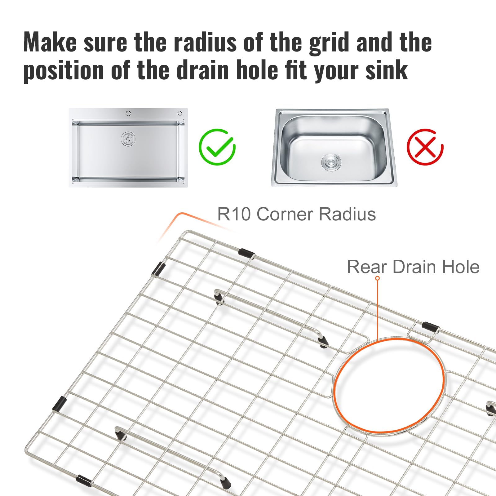 VEVOR Sink Protector Grid, 27.5"x13.5" Stainless Steel Sink, Rear Drain Sink Grates with R10 Corner Radius, Large Sink Bottom Grids, Universal Bowl Rack Sink Accessories For Kitchen Sink, Silver