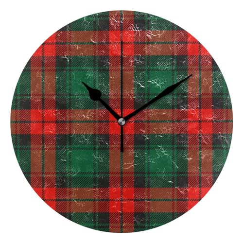 Haskirky Round Digital Clock Red and Green Grid Creative Decorative Quiet Not Ticking Clock,Bedroom Living Room Bathroom Kitchen Office Wall Ornament (Gold 10x10In)