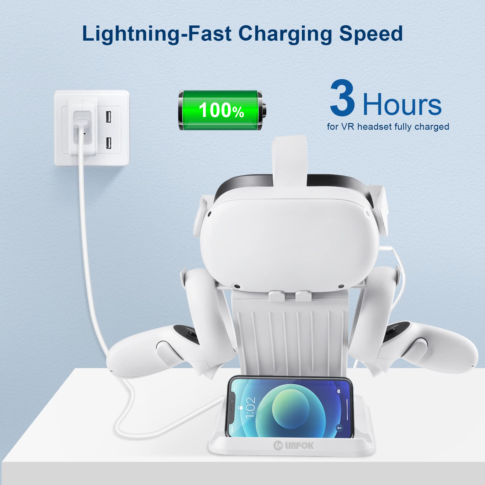 LINPOK Charging Dock with Wireless Charging for Oculus Quest 2/Meta Quest 2 Stand Accessories Compatible with VR Headset and Touch Controllers, Phone Holder Charging Station