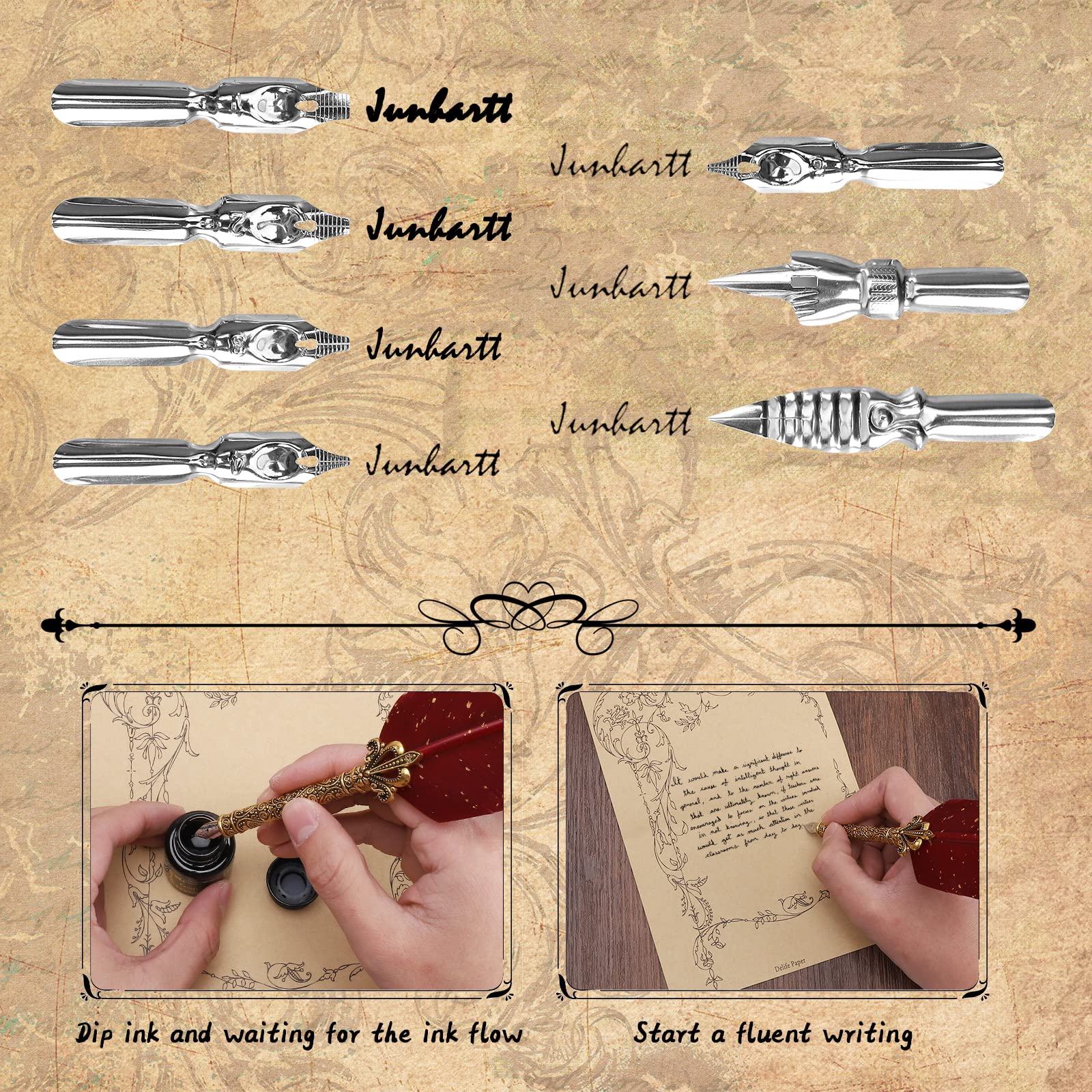 Junhartt Quill Feather Pen and Ink Set - Calligraphy Pen Set with Workbook and Wax Seal Stamp Kit (Red)