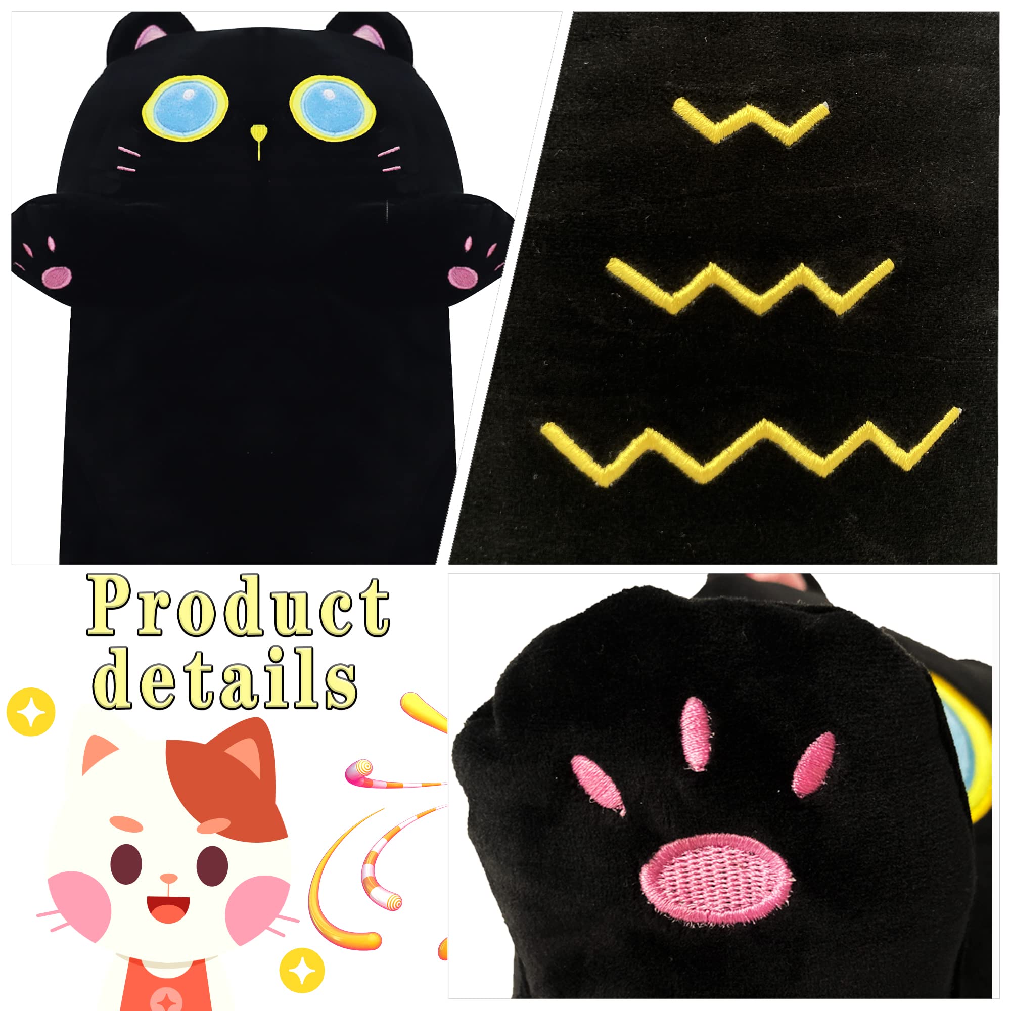 Okedico Cat Plush Long Pillow Black Cat Stuffed Animal Soft Long Sleeping Hugging Throw Pillow Cat Plush Toy Body Pillow Long Kitten Plushie Doll Home Sofa Cushion Decor (Black, 110cm/43inch)