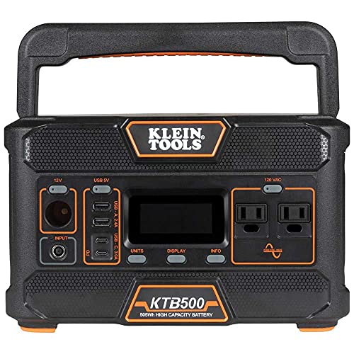 Klein Tools KTB500 Portable Power Station, 505Wh Lithium-Ion Power Station, 120V/500W Pure Sine Wave AC Power, Solar Panel Compatible