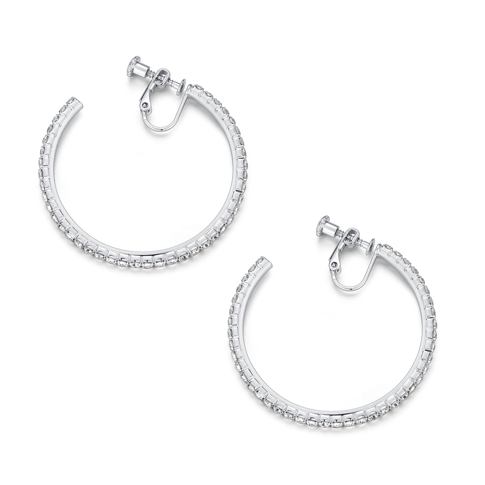 LAXPICOL Fashion Sparkly Austrian Circle Hoop Earrings Clip On Earrings For Women No Piercing Earrrings Silver Tone 1.6"*1.6"