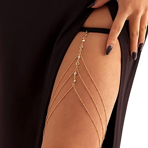 Lirgoriy Sexy Beach Multi-layer Leg Chain Pearl Thigh Chain Elasticity Thigh Leg Chain Boho Summer Bikini Body Jewelry for Women (Gold Multi-layer Thigh Chain)