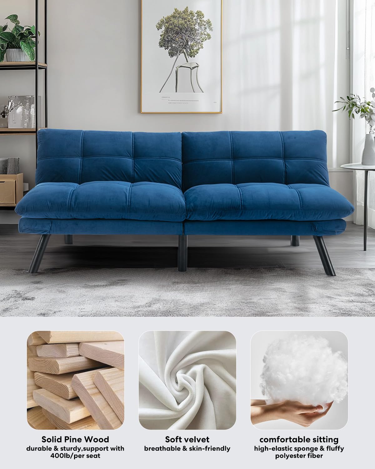 Velvet Convertible Futon Sofa Bed, 71" Comfy Loveseat Sleeper Sofa with Adjustable Backrest Armrest, Strengthen Wood, Thick Padded Cushion, Small 2 Seater Futon Couch for Living Room,Bedroom (blue)