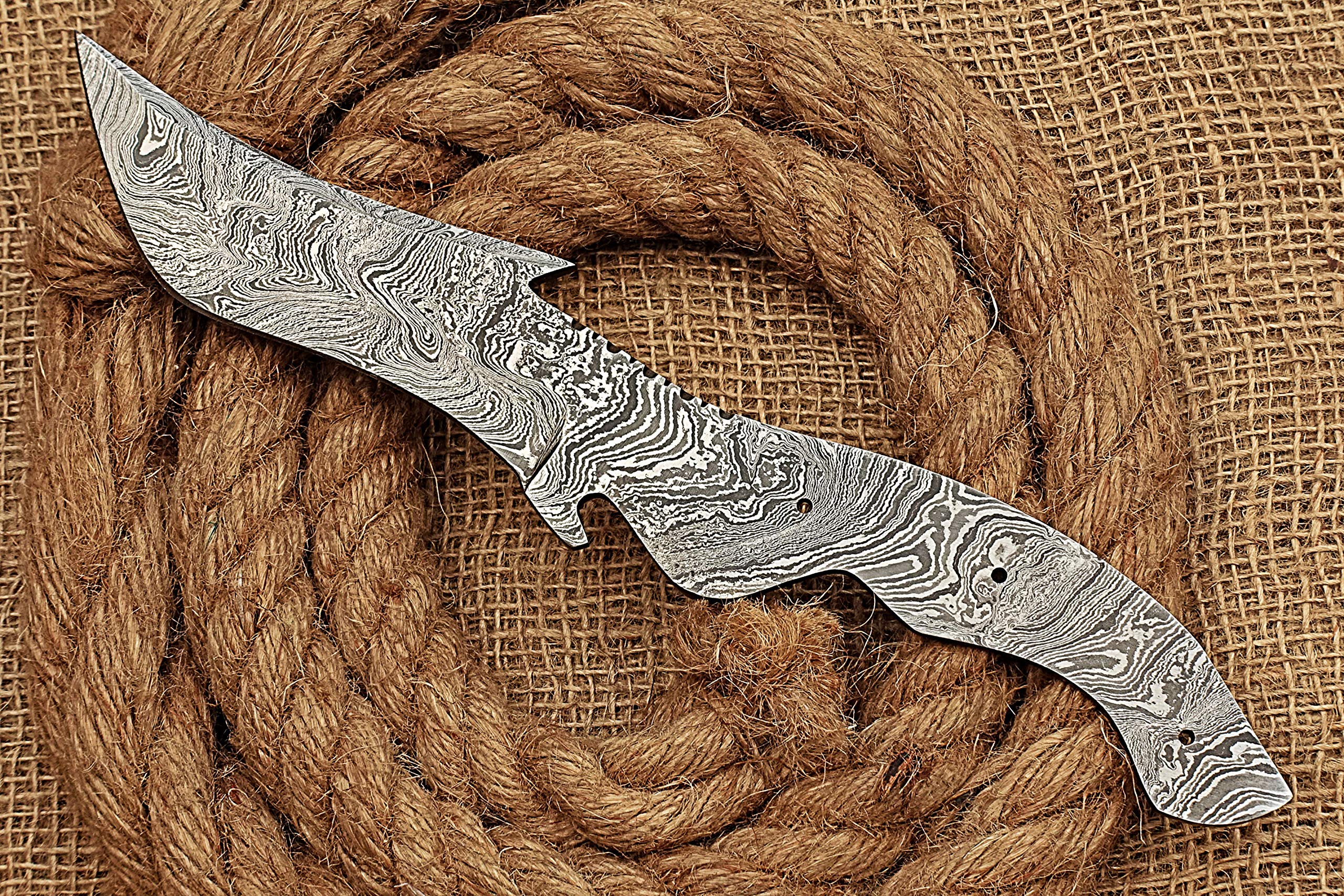 HUNTEX Custom Handmade Hand-Forged Twist Pattern Damascus Steel 10.5 Inch Long Full Tang Razor Sharp Camping Hunting DIY Blank Blade Gut Hook Knife for Knife Making