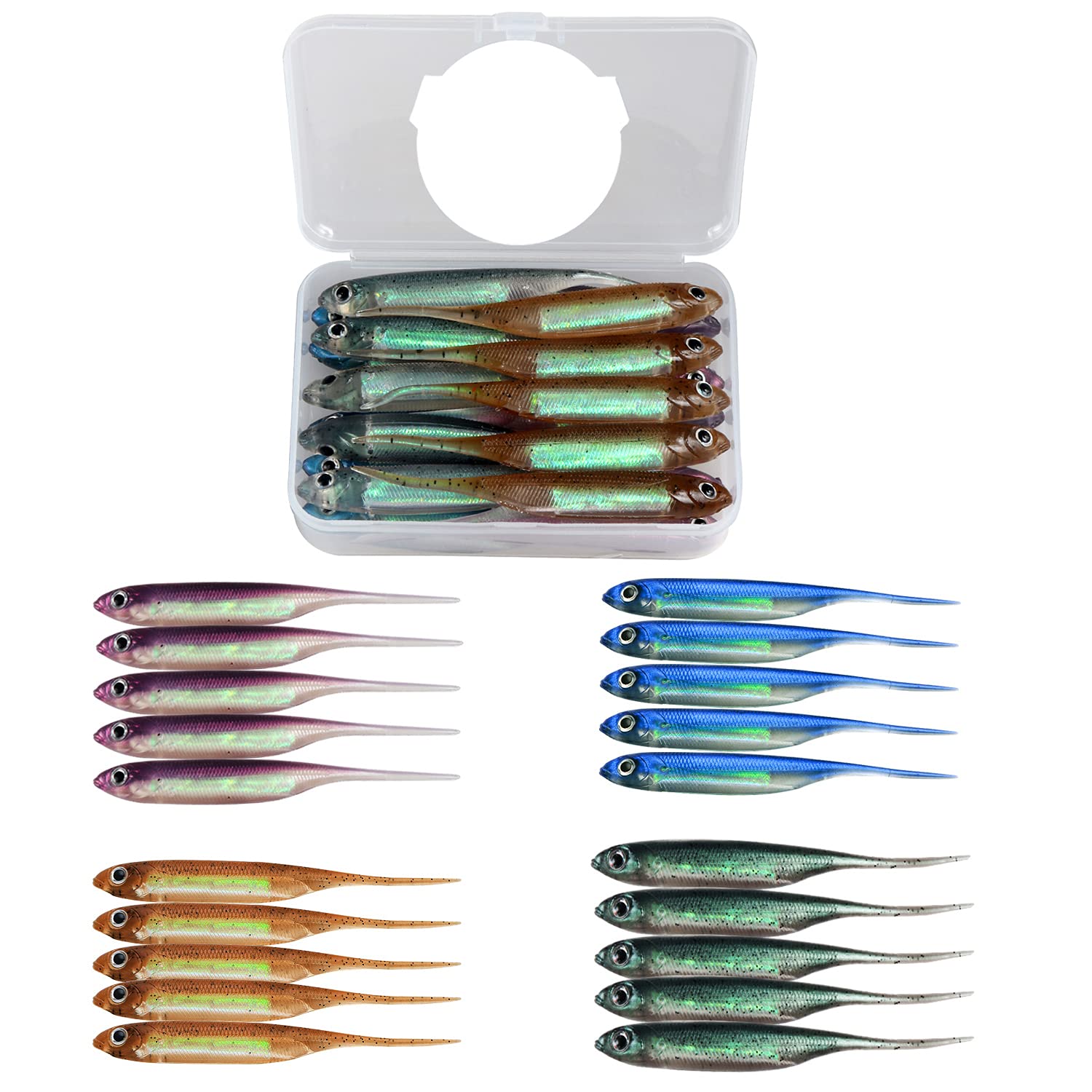 JOHNCOO 20pcs Soft Baits Shad Fishing Lures Paddle Tail Swimbaits Plastic Lures for Bass Trout Fishing Gifts for Men