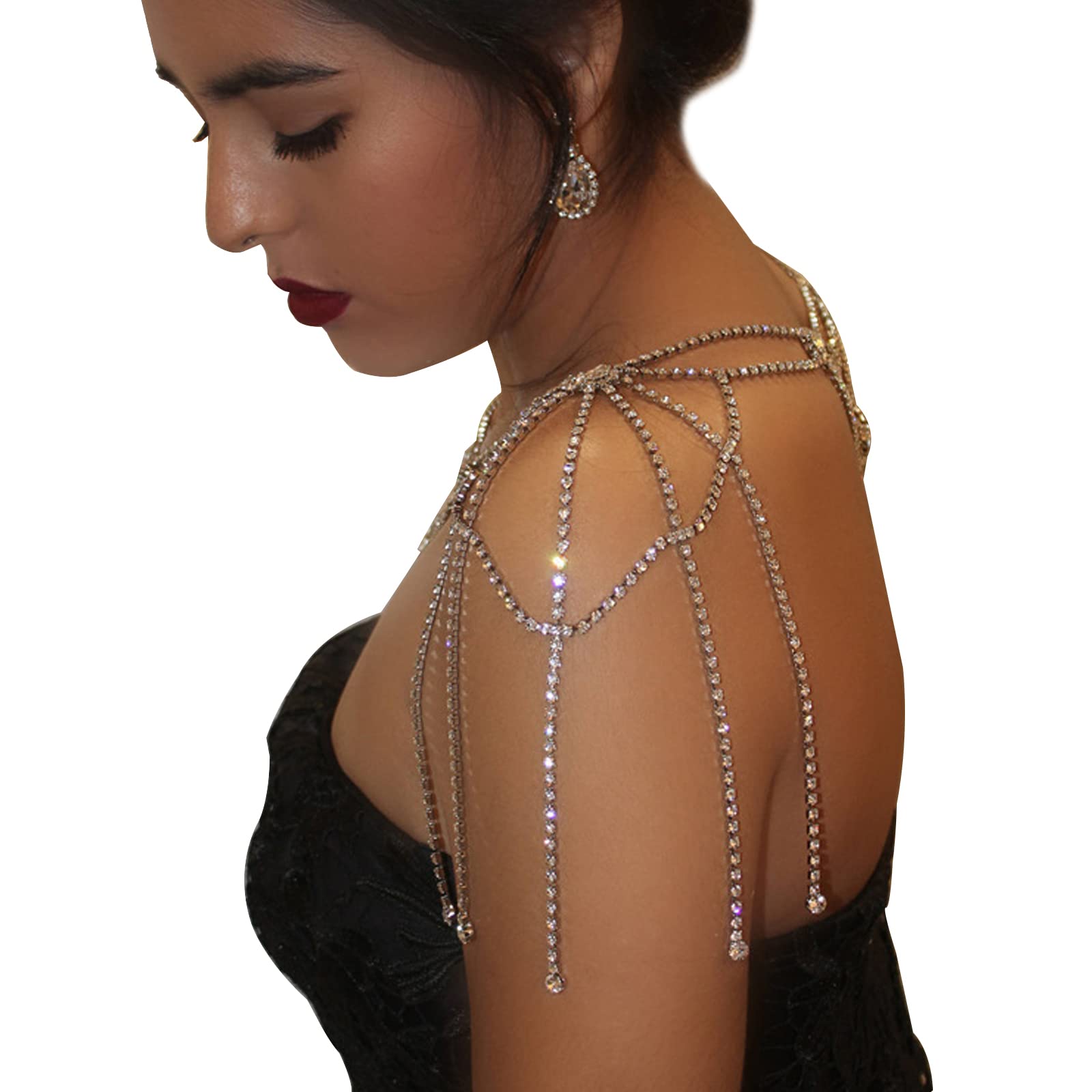 Luxury Rhinestone Shoulder Chain Necklace Layered Back Chain Multi Layer Tassel Crystal Shoulder Harness Chain Statement Bridal Wedding Layered Body Chain for Women (Shoulder-silver)