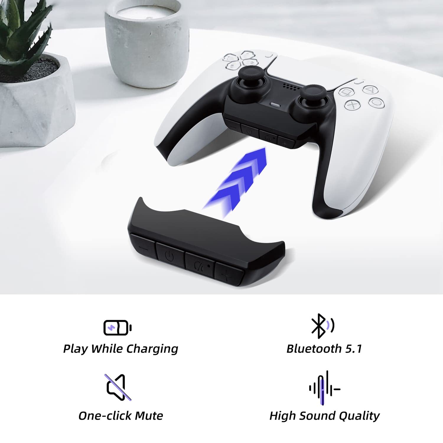 Mcbazel Audio Adapter for PS5 Controller, BT 5.1 Wireless Audio Transmitter with Low Latency, Volume Control, Mute Function and LED Indicator for PS5 Controller - Black