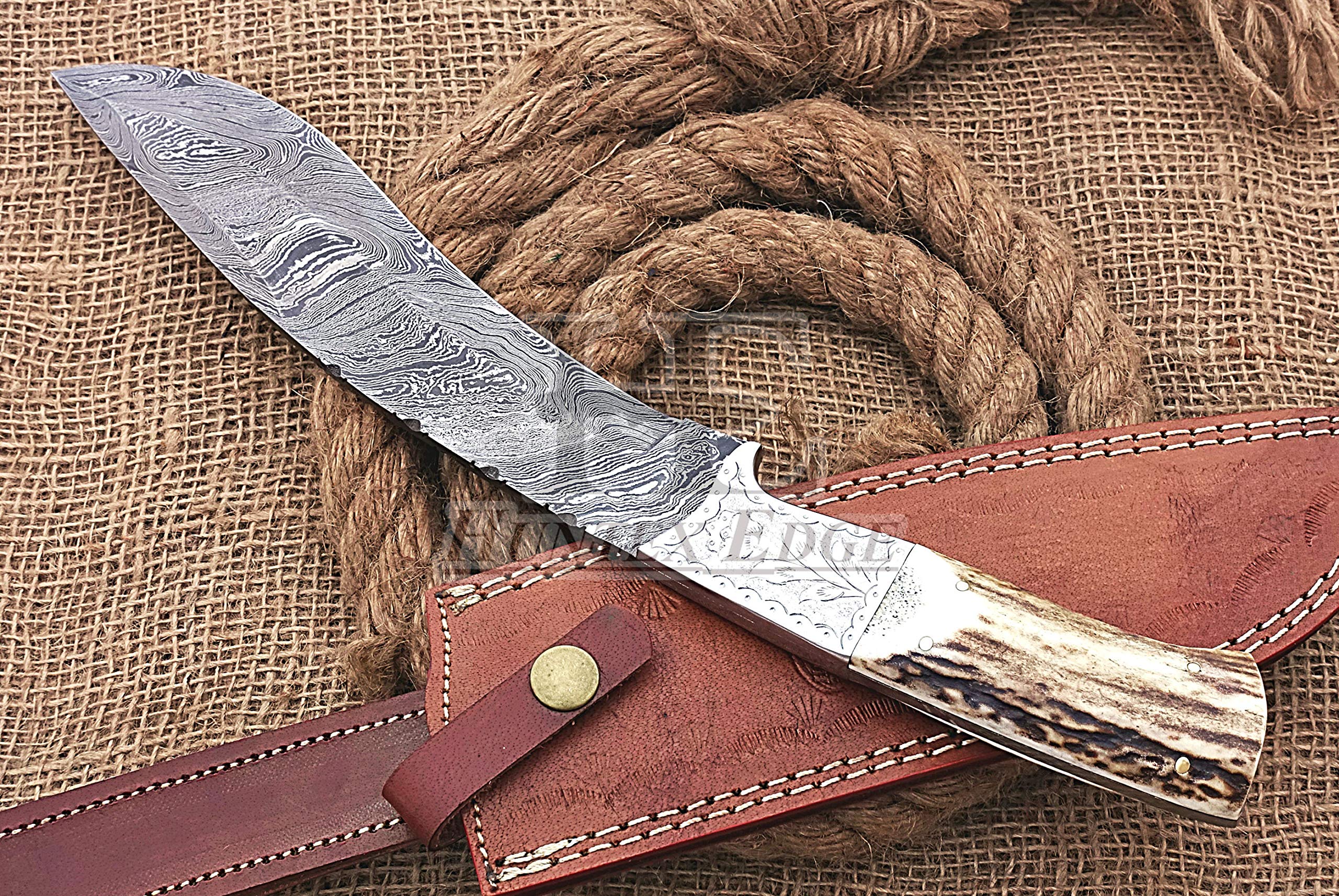 HUNTEX Handmade Hand-Forged Twist Pattern Damascus Steel 14 Inch Long Full Tang Deer Antler Handle Razor Sharp Hunting Camping Bowie Knife w/Genuine Leather Sheath