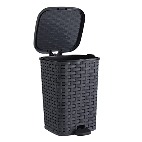Superio Mini Trash Can with Foot Pedal Small Outdoor Garbage Can with Lid, 3 Gallon Plastic Waste Basket for Bathroom, Bedroom, Kitchen, Office, Patio (Wicker Grey 12 QT.)