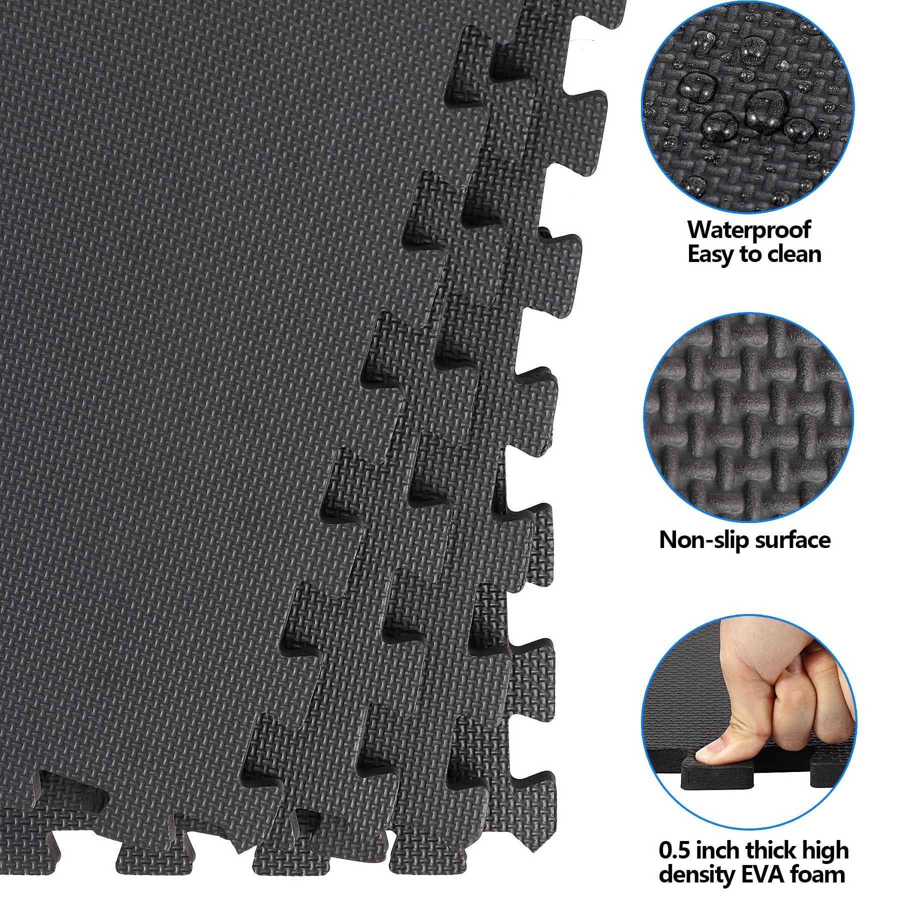 HomGarden Puzzle Exercise Mat 1/2ββ EVA Interlocking Foam Floor Mats for Exercise Equipment Home Gym Workout Mat(6 Tiles) Black