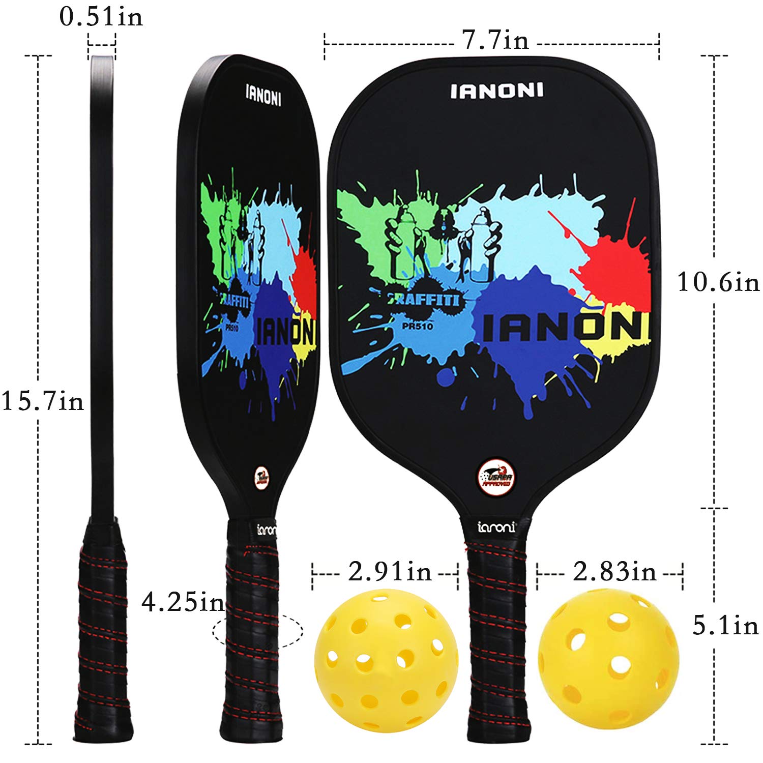 ianoni Pickleball Paddle Set - 2 Premium Lightweight Graphite Rackets Honeycomb Composite Core,Includes 4 Balls, Portable Racquet Cover Case Bag,Ultra Cushion Grip, USAPA Approved