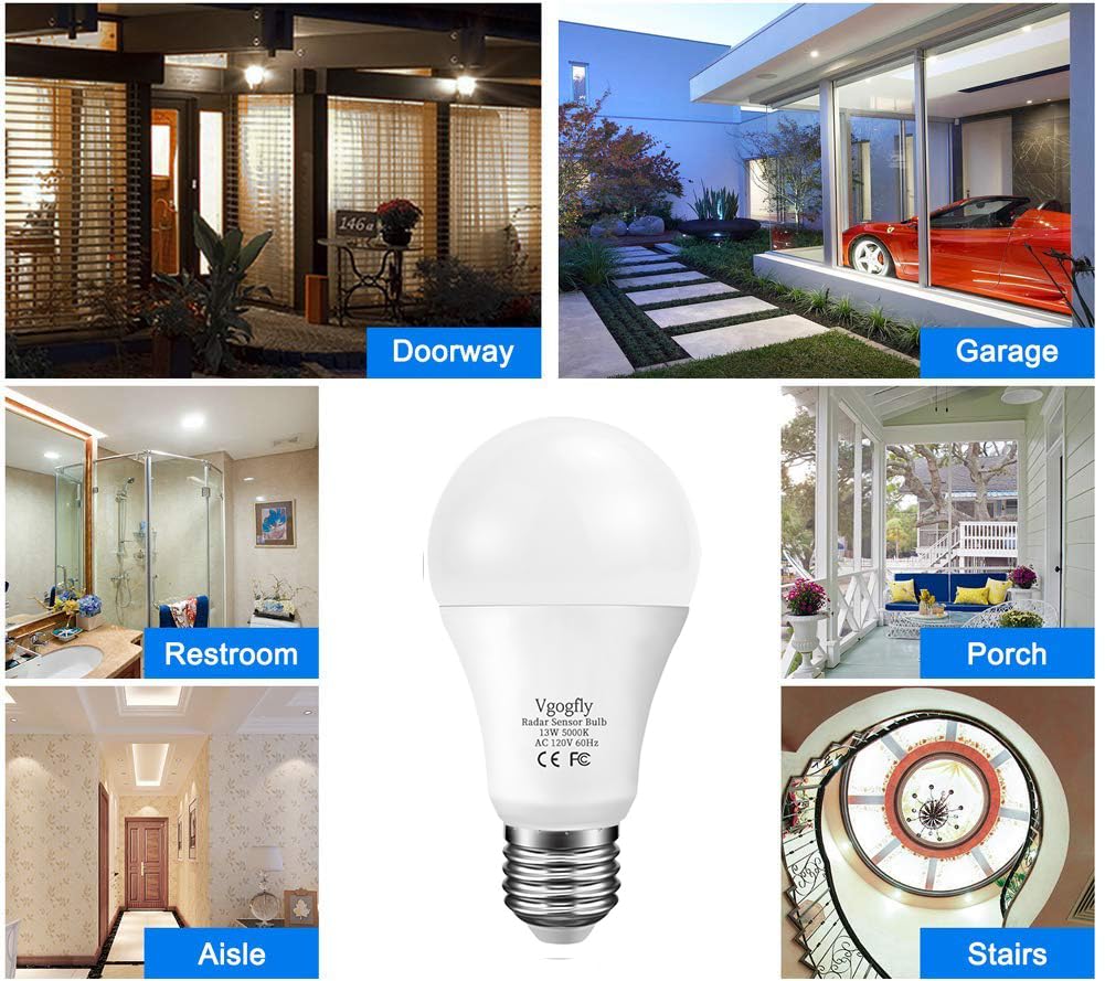 Vgogfly Radar Motion Sensor Light Bulbs A19 100W Equivalent 120V 13W Motion Detector Auto Activated Dusk to Dawn Security Outdoor Porch Lights LED Bulb Daylight 5000K E26 (2 Pack)