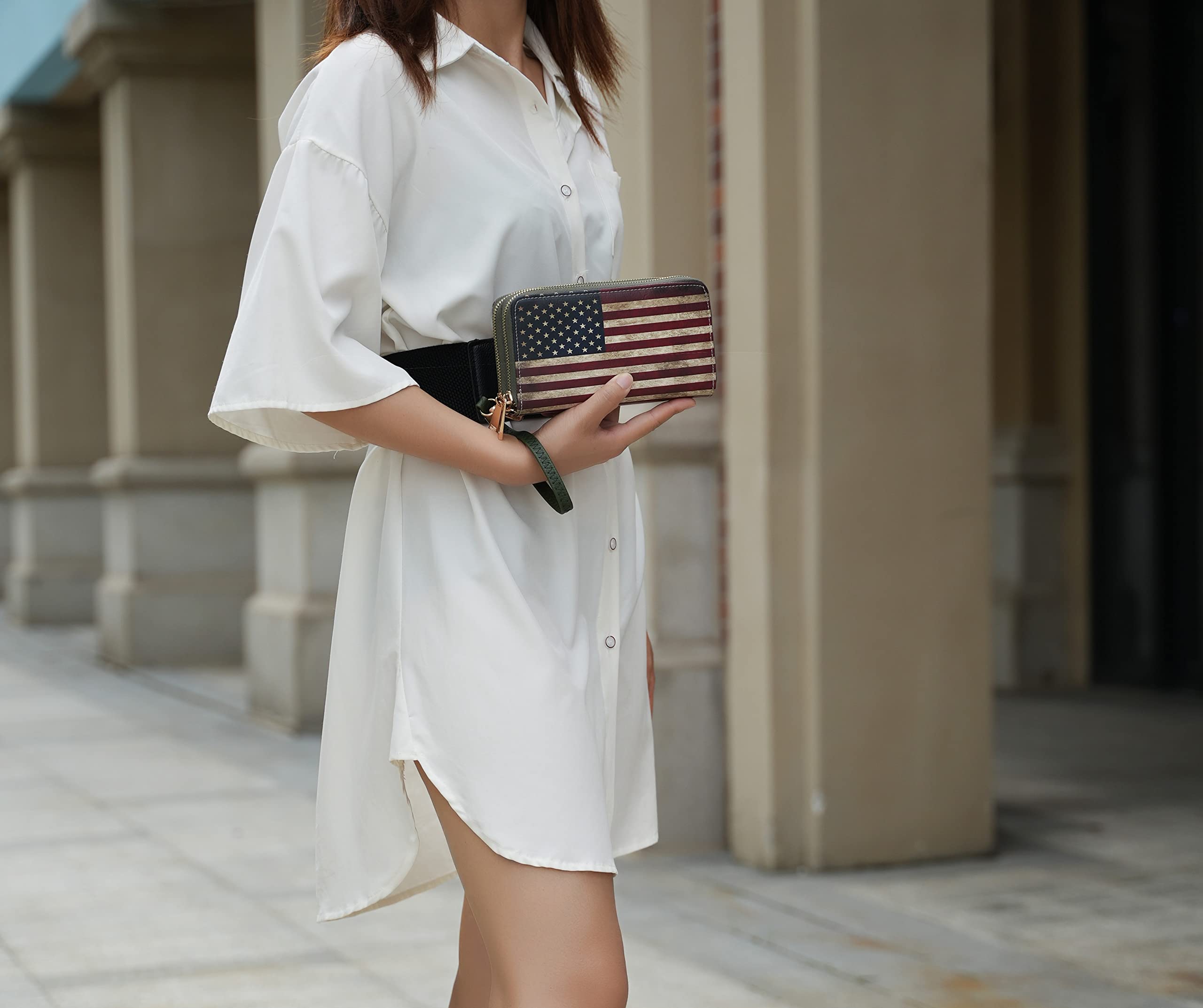 MKF Collection USA Wristlet Wallet for Women's, American Flag Vegan Leather Double Zipper Multi Pocket Small Patriotic Purse