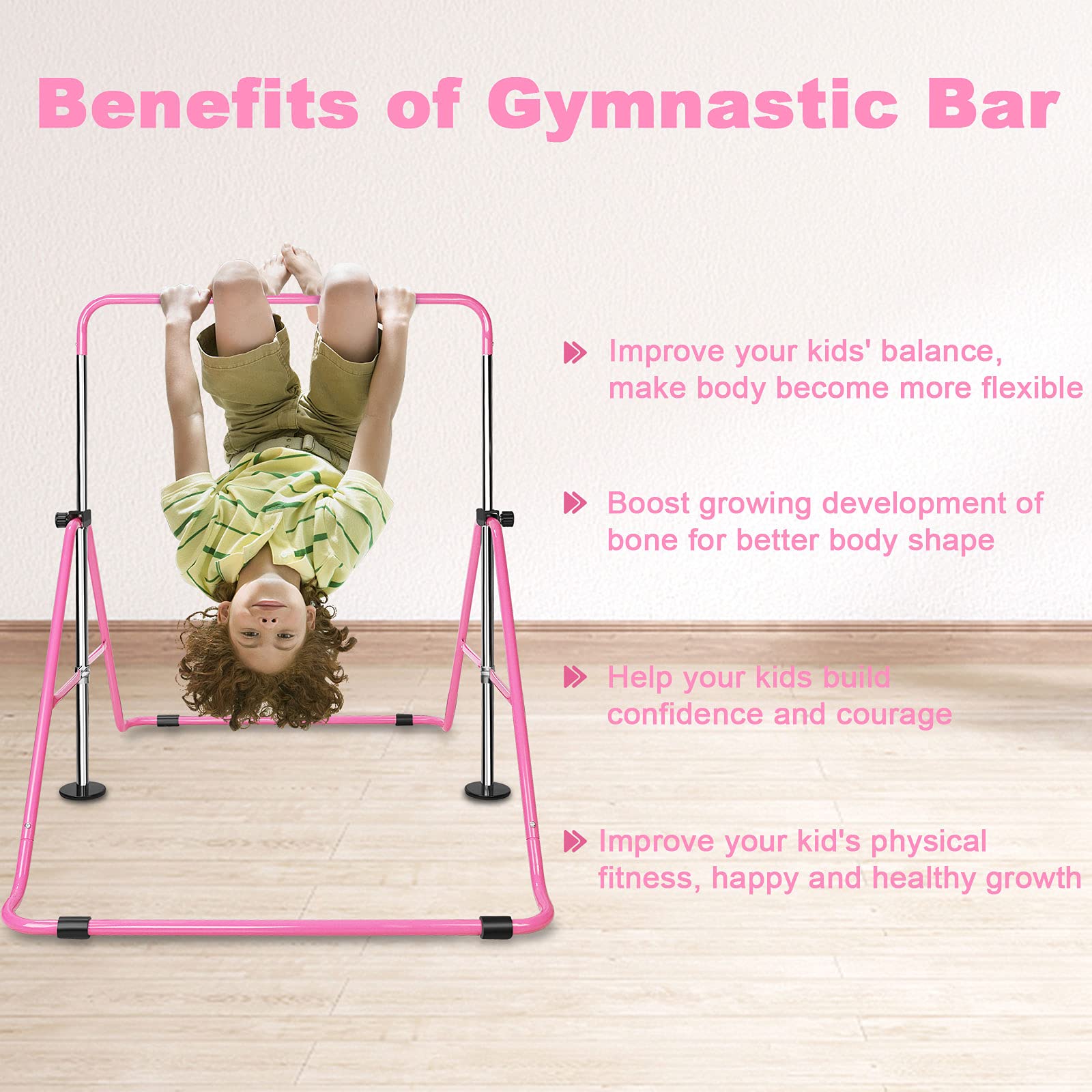 KL KLB Sport Expandable Gymnastics Bars Kids Junior Kip Training Bars Equipment for Home, Folding Height Adjustable Horizontal Bars for 3-7 Years Old (Pink)