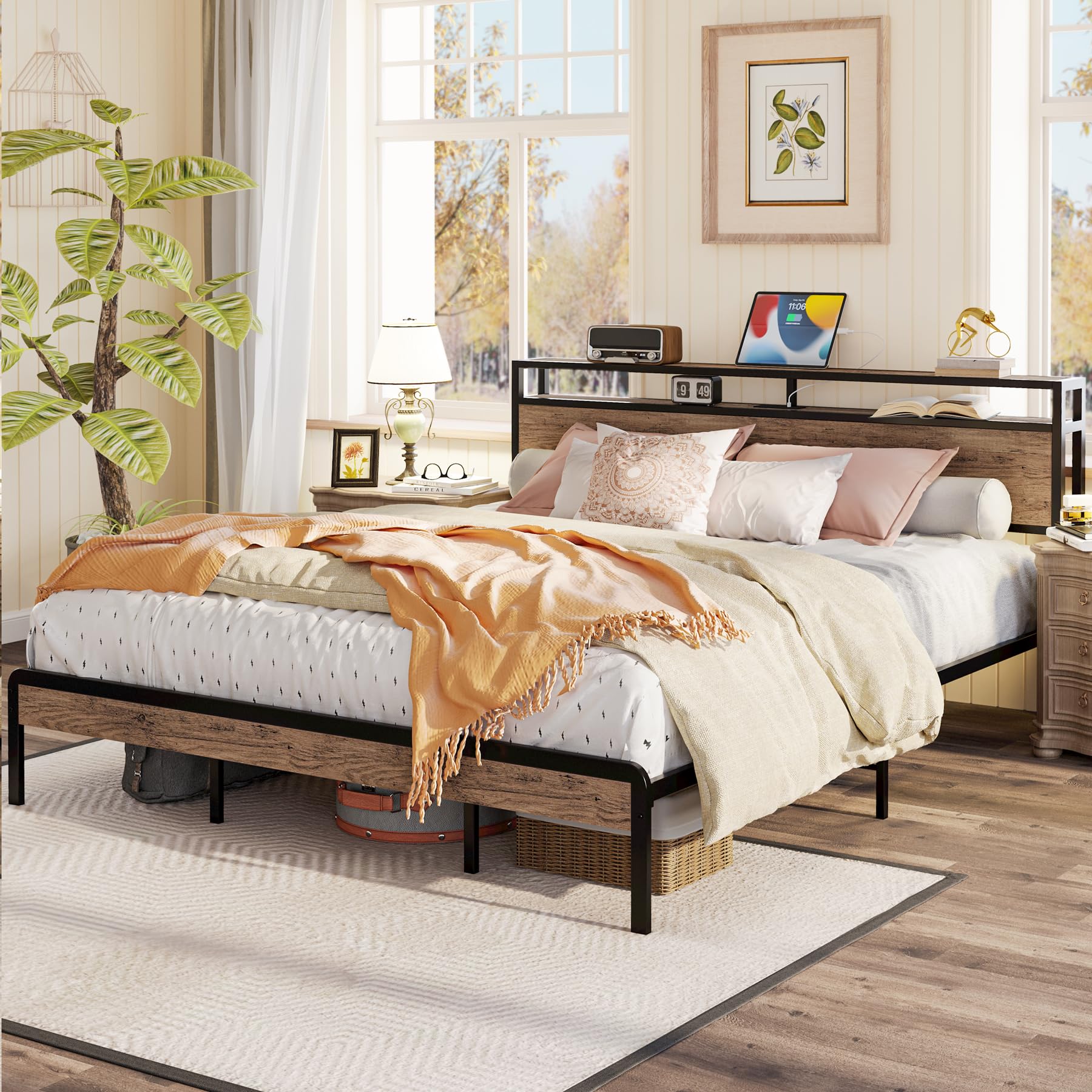 IRONCK Bed Frame,Platform Bed with 2-Tier Storage Headboard and Power Outlets, USB Ports Charging Station, Sturdy and No Noise, No Box Spring Needed, Easy Assembly, King Size, Walnut