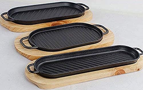 Mavoorick Cast Iron Steak Platter,Skillet Serving Plate with Handle, Kitchen Asian Style Cast Iron Serving Dish with Wooden Serving Board,Grilled Steak Grilled Meat Iron Plate-S
