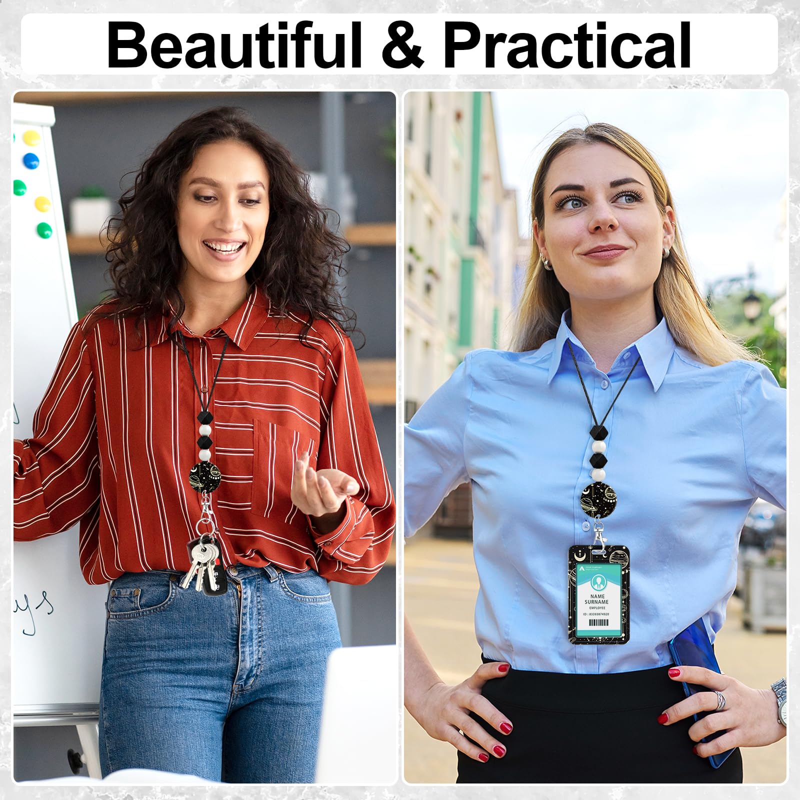 ID Badge Holder with Lanyard Teacher Cute Badge Holders with Wooden Beaded Adjustable Neck Lanyards Keychain for Women Kids Nurses Doctors Student