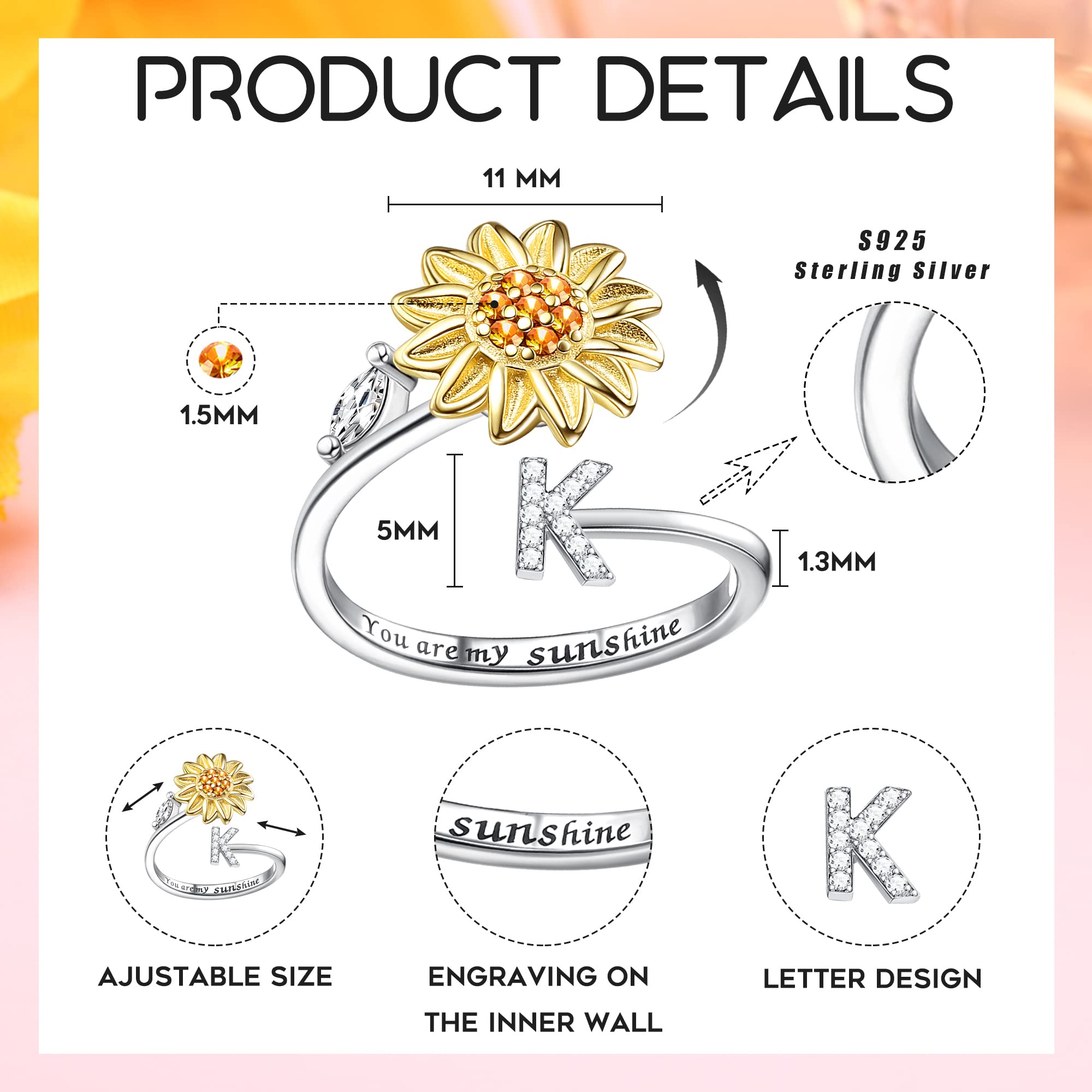 LOLIAS Fidget Anxiety for Ring Adjustable Spinner Ring Stress Relieving Ring Sterling Silver CZ Letter Engraved Ring Jewelry Gift K