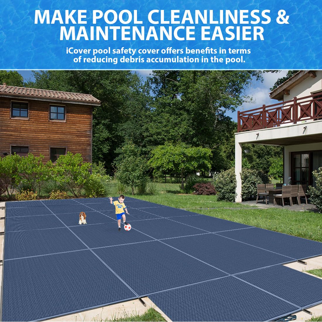 iCover Pool Safety Cover, Fits 16x32ft Inground Swimming Pool with 4x8ft Center End Steps, Heavy Duty Mesh High Strength Pool Cover, Hardware and Instruction Manual Included, Blue