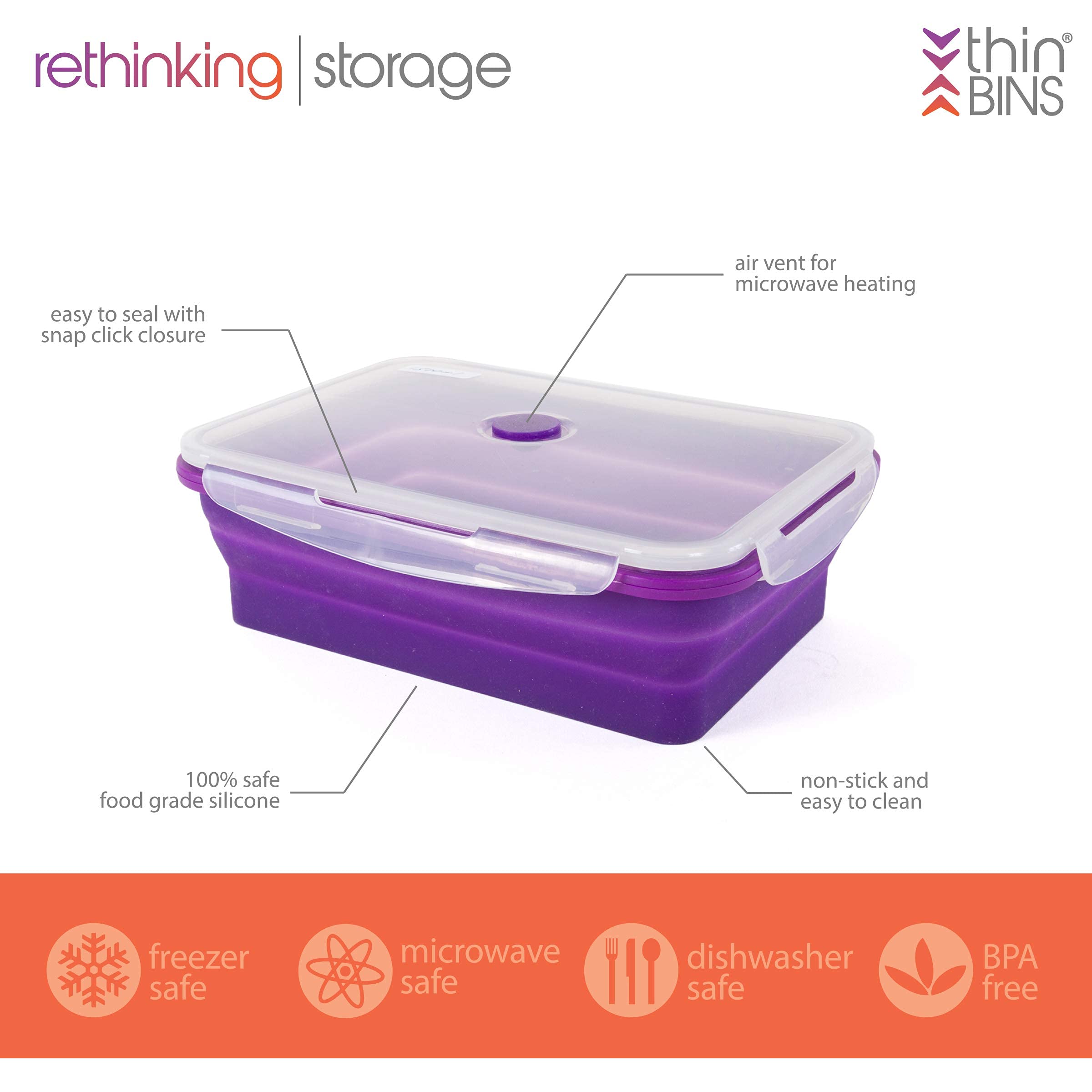 Kitchen + Home Thin Bins Collapsible Containers β Set of 2 Extra Large Rectangle Silicone Food Storage Containers β BPA Free, Microwave, Dishwasher and Freezer Safe