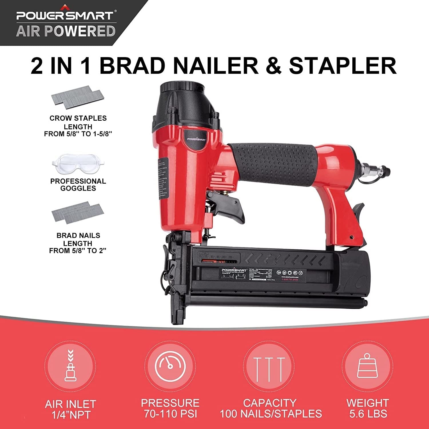 Pneumatic Brad Nailer, POWERSMART 2 in 1 Nail Gun and Crown Stapler with Safety Glasses, Compatible with 5/8β up to 2β Nails, 18 Gauge Brad Gun for Upholstery, Carpentry and Woodworking Projects