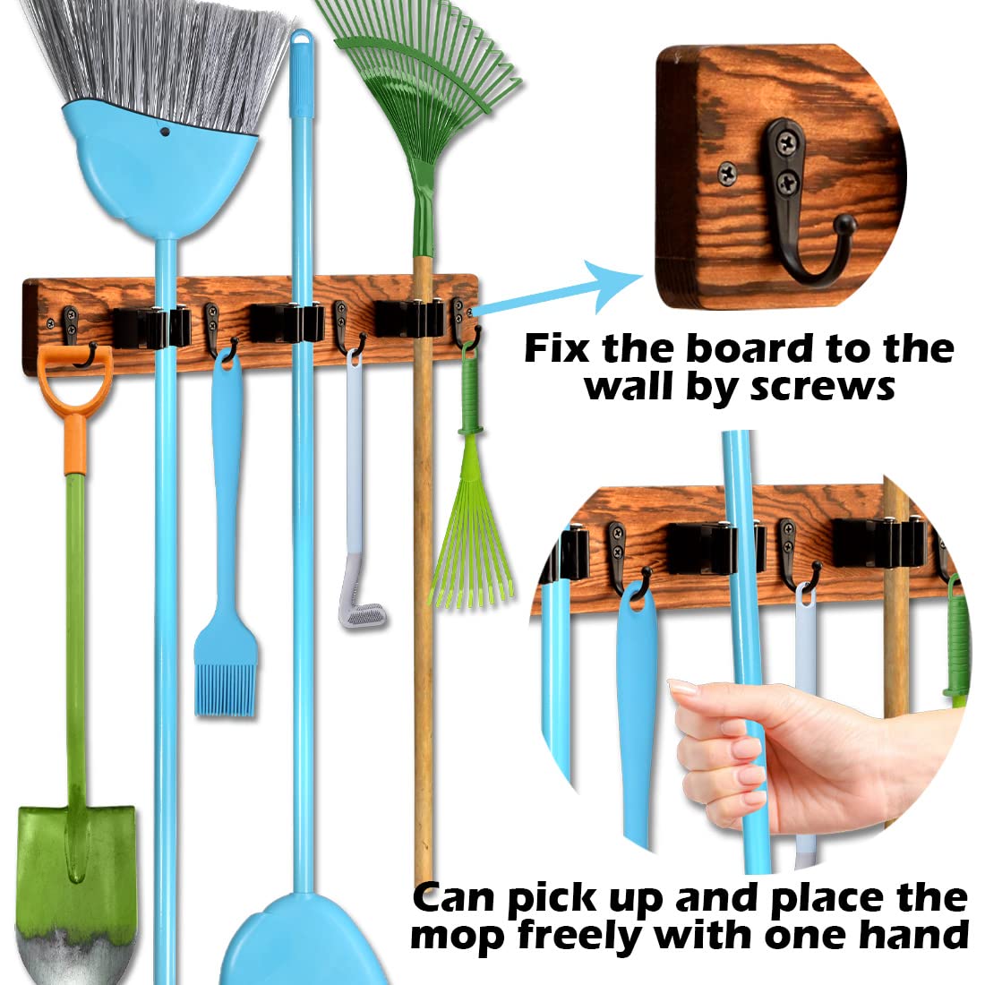 Mop and Broom Holder Wall Mount, Rustic Solid Wood Holder Garden and Kitchen Garage Tool Organizer Wall Hanger for Home Goods (3 Positions with 4 Hooks)