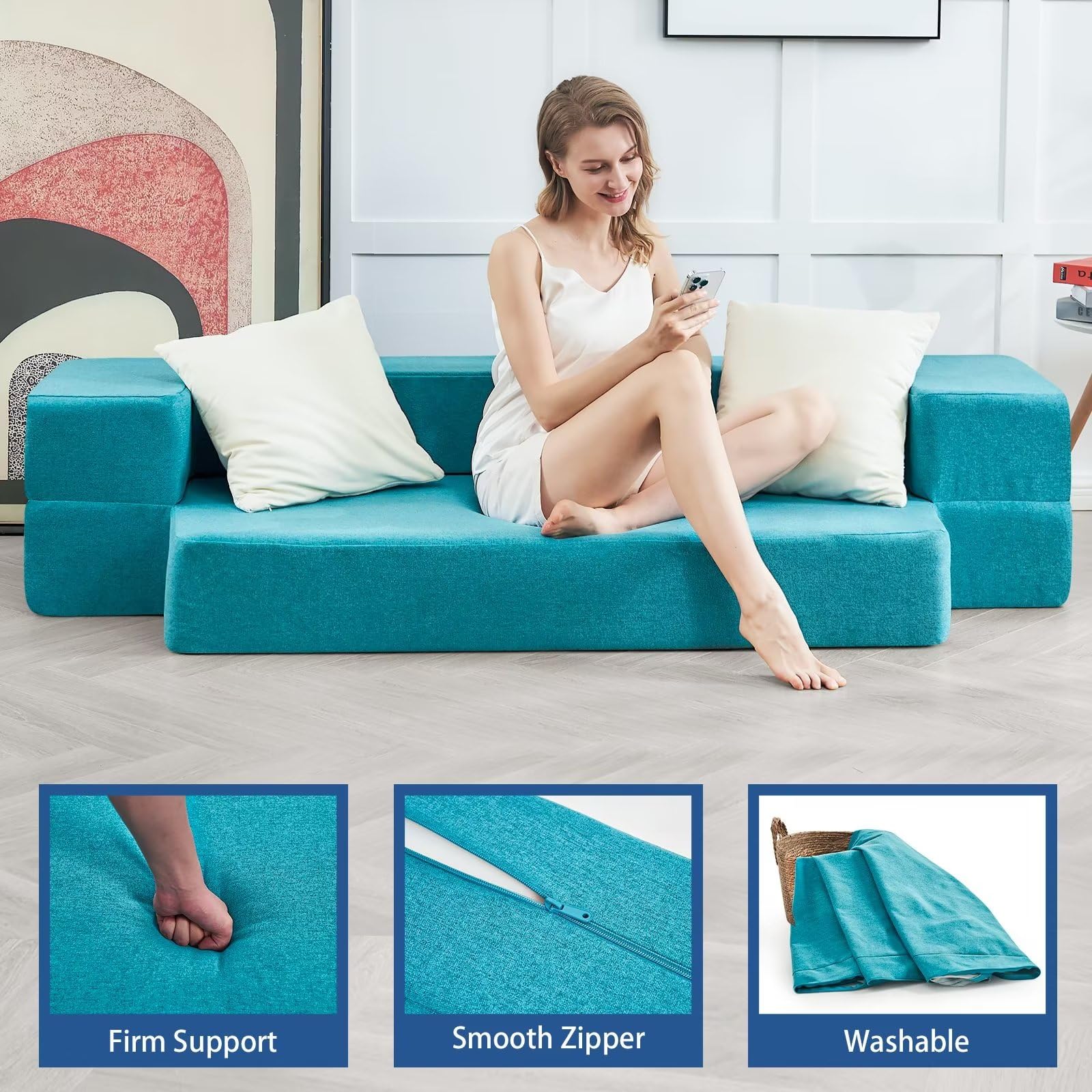 ILPEOD Floor Sofa Bed Futon Couch, Fold Out Couch Bed, Twin Size 8 Inch Memory Foam Folding Sofa Bed Couch, Sleeper Convertible Mattress and Frame for Bedrooms Living Room Gaming Bed, Blue