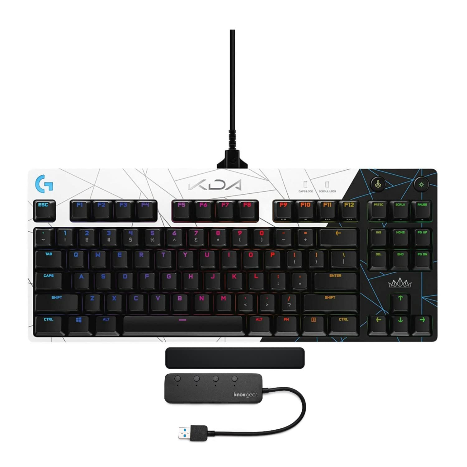 Logitech G PRO Wired Mechanical GX Brown Tactile Switch Gaming Keyboard (K/DA White Edition) Bundle with MX Palm Rest and USB 3.0 Hub (3 Items)